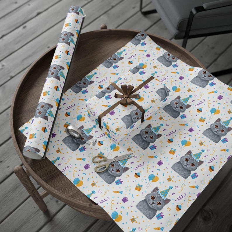 Cat Birthday Party Wrapping Paper, Cute Kitten Celebration Paper, Gift ...