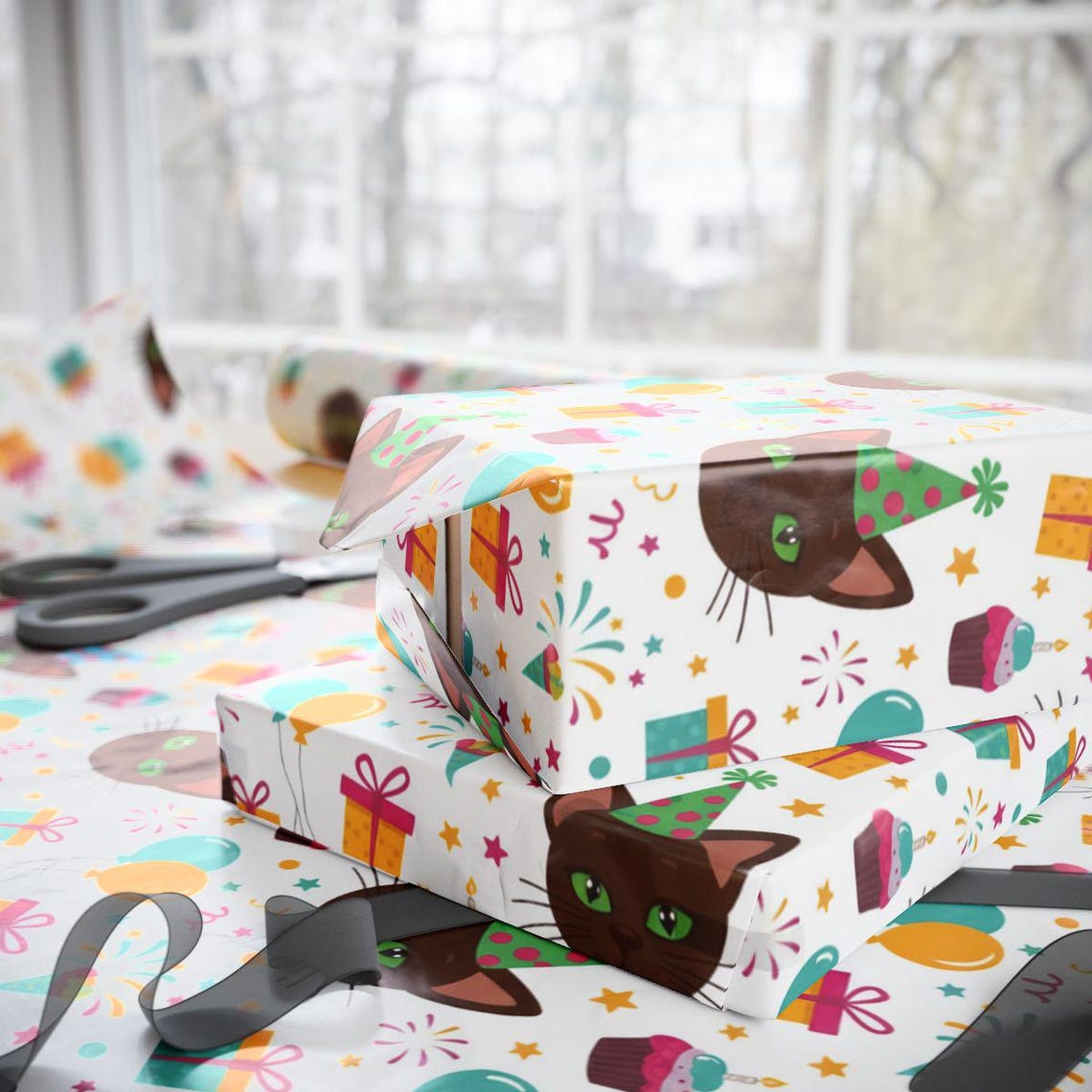 Birthday Cat Wrapping Paper, Party Animal Gift Wrap, Cute Kitten Gift ...