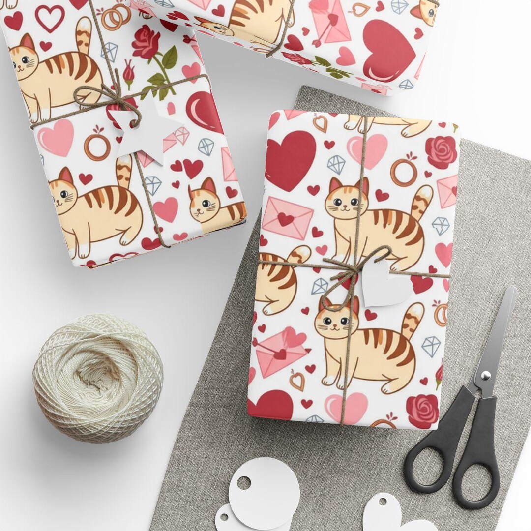 Cat Wrapping Paper, Cute Kitty Gift Wrap, Wedding Decor, Valentine ...
