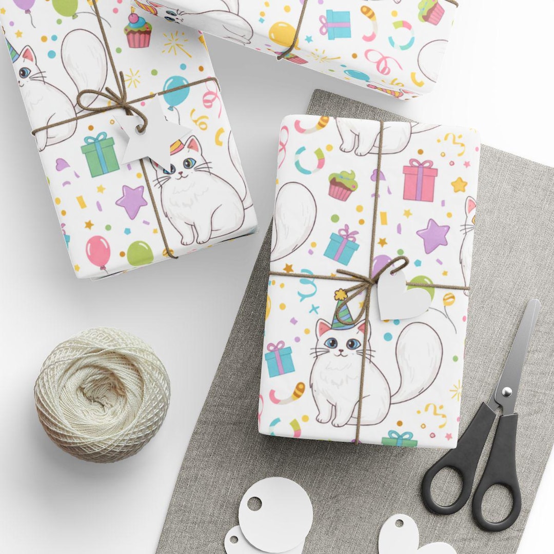 Party Cat Wrapping Paper, Cute Cat Birthday, Gift Wrap, Celebration ...