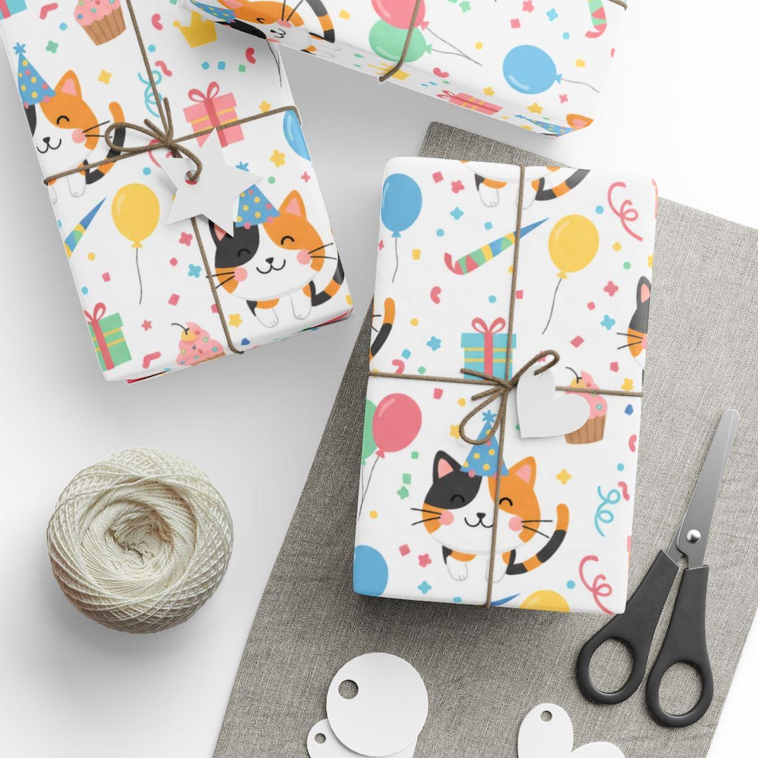 Cat Birthday Wrapping Paper, Cute Calico Kitten Party Gift Wrap ...