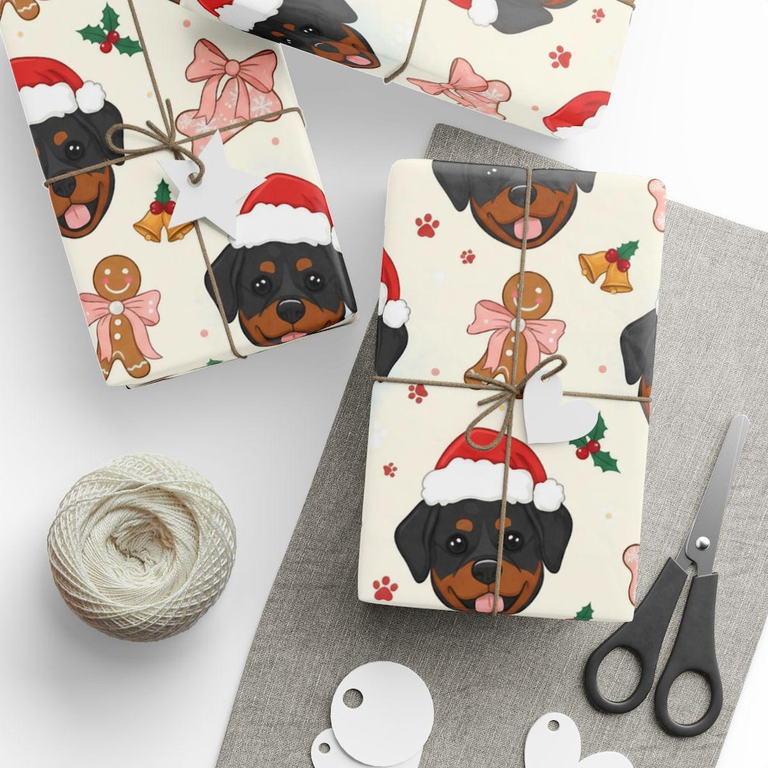Rottweiler Christmas Wrapping Paper, Dog Holiday Gift Wrap, Festive ...