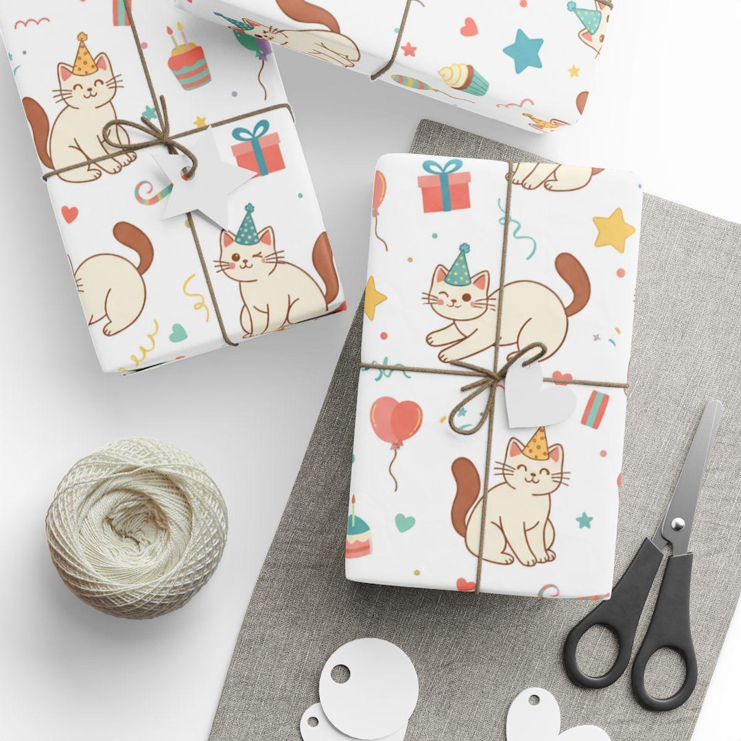 Birthday Cats Wrapping Paper, Cute Kitty Gift Wrap, Celebration Paper ...