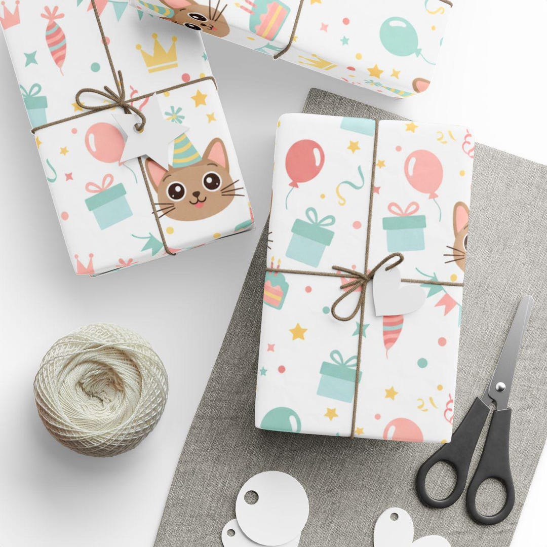 Birthday Cat Wrapping Paper, Party Kitten Gift Wrap, Cute Pet ...