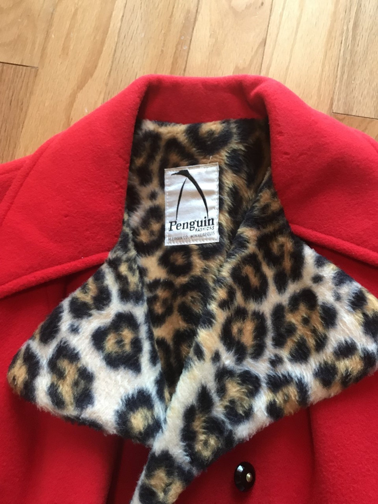 70s Red Wool Penguin Fashions Coat With Leopard Lining/ M. Liman Co ...