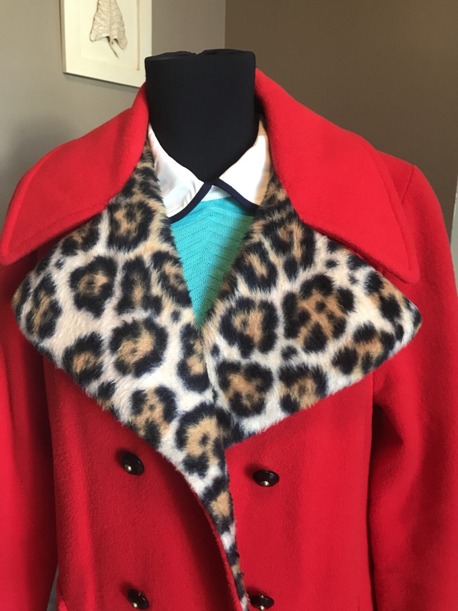 70s Red Wool Penguin Fashions Coat With Leopard Lining/ M. Liman Co ...