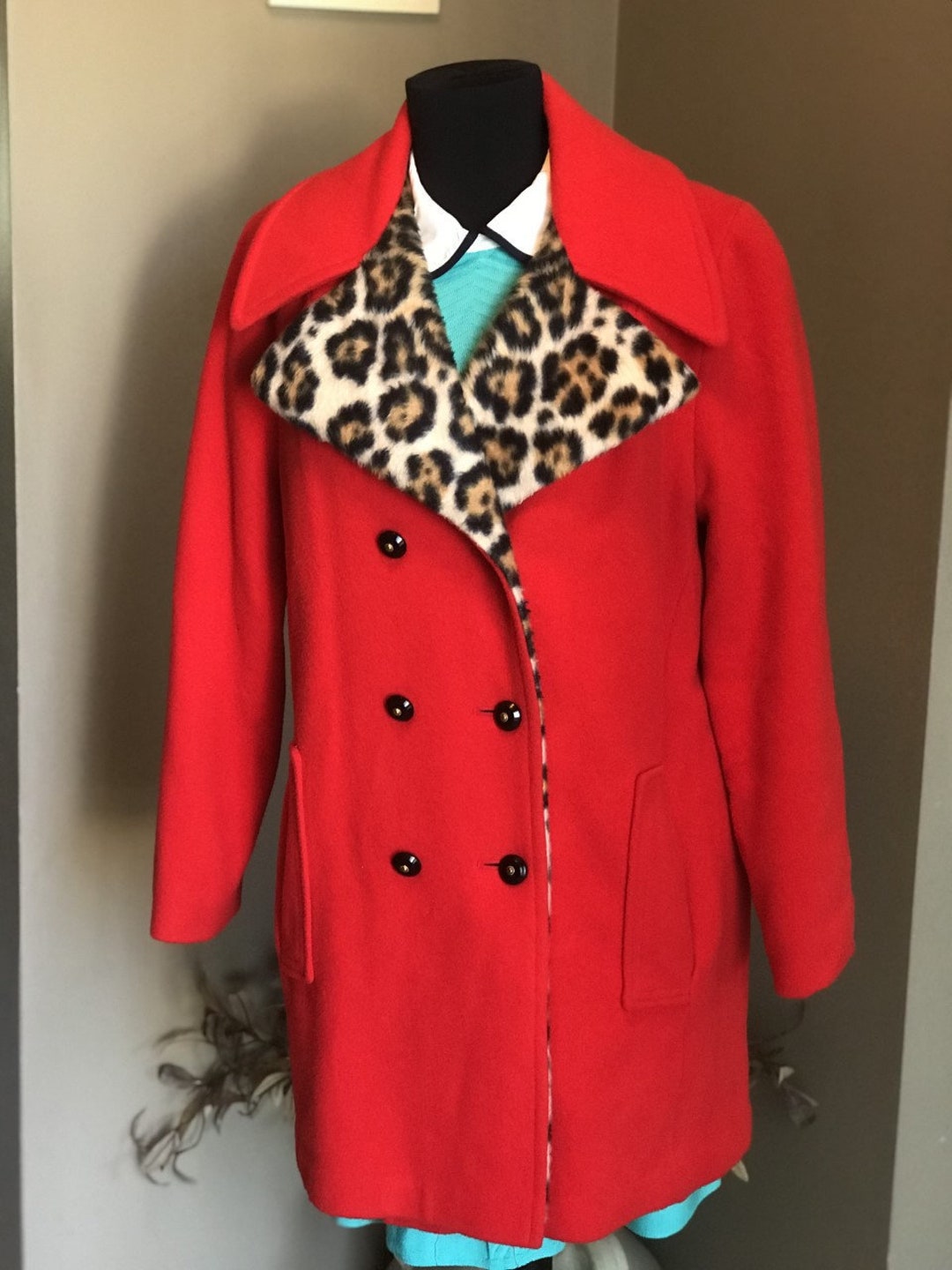 70s Red Wool Penguin Fashions Coat With Leopard Lining/ M. Liman Co ...