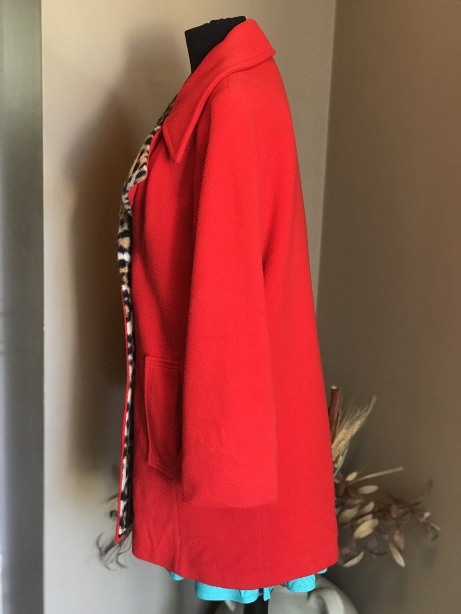 70s Red Wool Penguin Fashions Coat With Leopard Lining/ M. Liman Co ...
