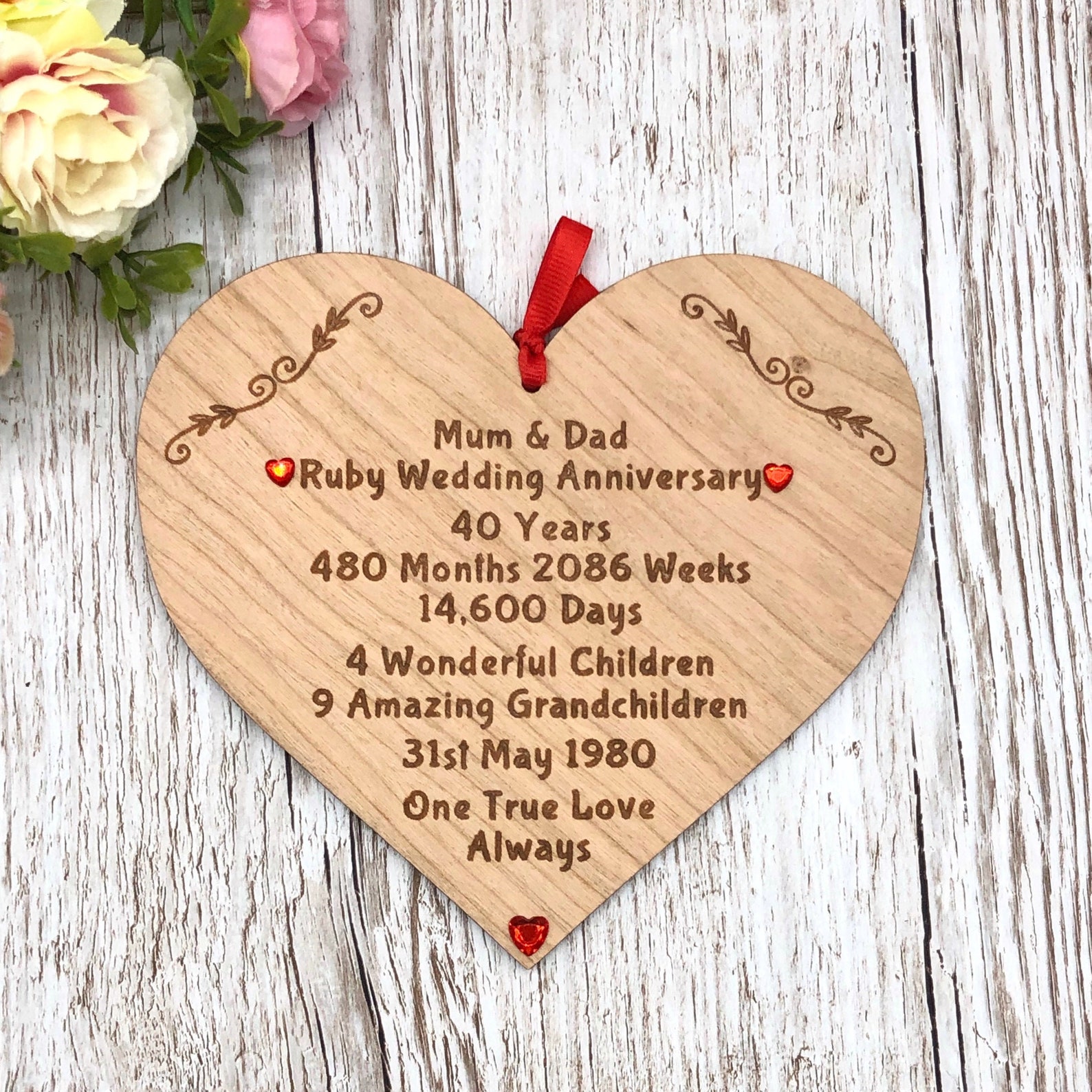 Ruby Wedding Anniversary Gift. Personalised 40th Anniversary Hanging ...