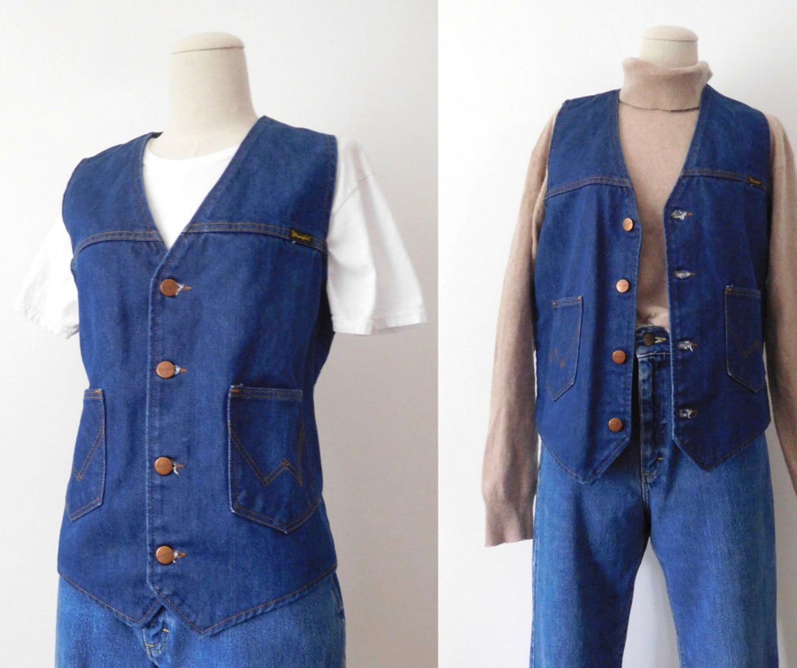Size M 70s Wrangler Denim Vest Vintage 1970s Classic Cotton - Etsy