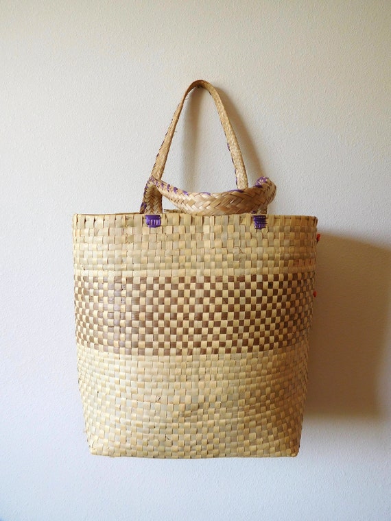 Large 60s Jamaica Straw Bucket Tote Vintage 1960s Rou… - Gem