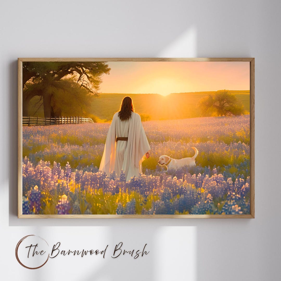 Jesus Walking in Bluebonnet Field With Yellow Lab Dog| Rustic Christian ...