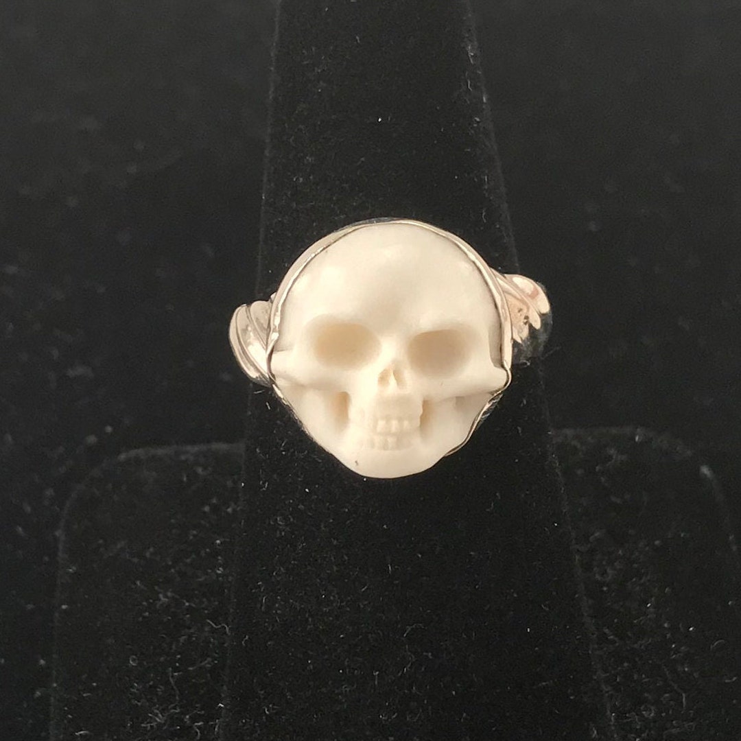 Carved Bone Skull Ring: Sterling Silver Biker Goth Jewelry - Etsy