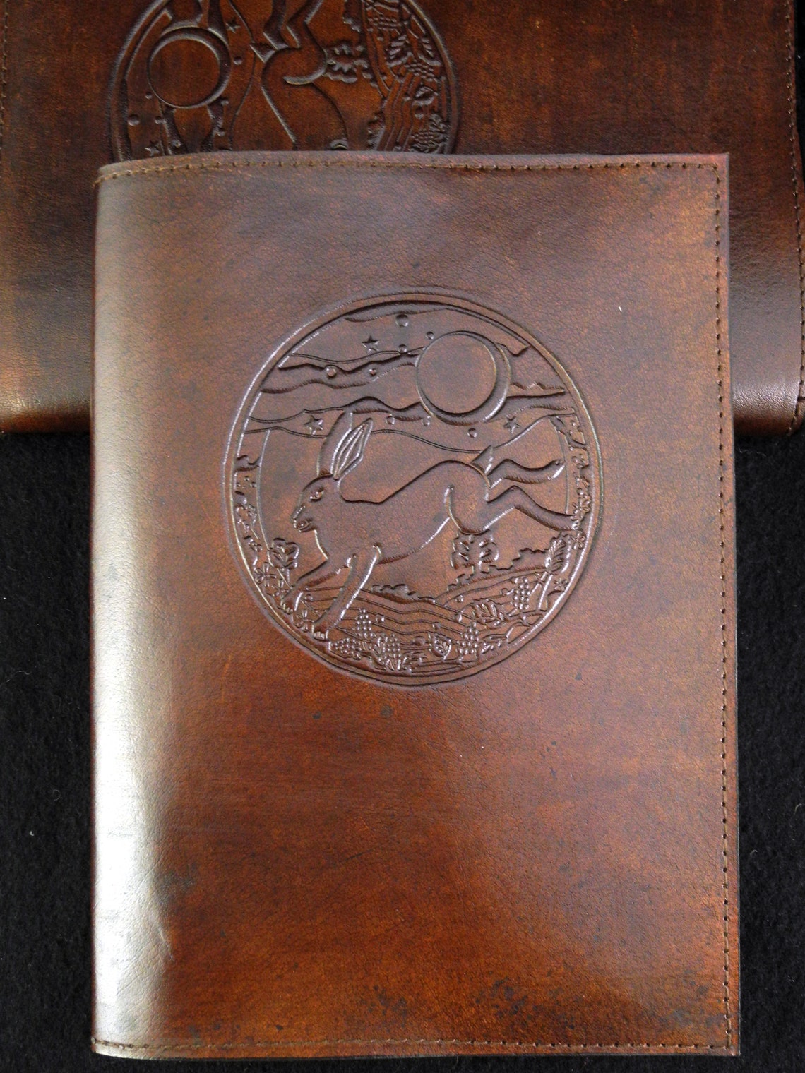 A5 Pagan Wicca HARE & MOON Handmade Leather Journal Diary Organiser ...