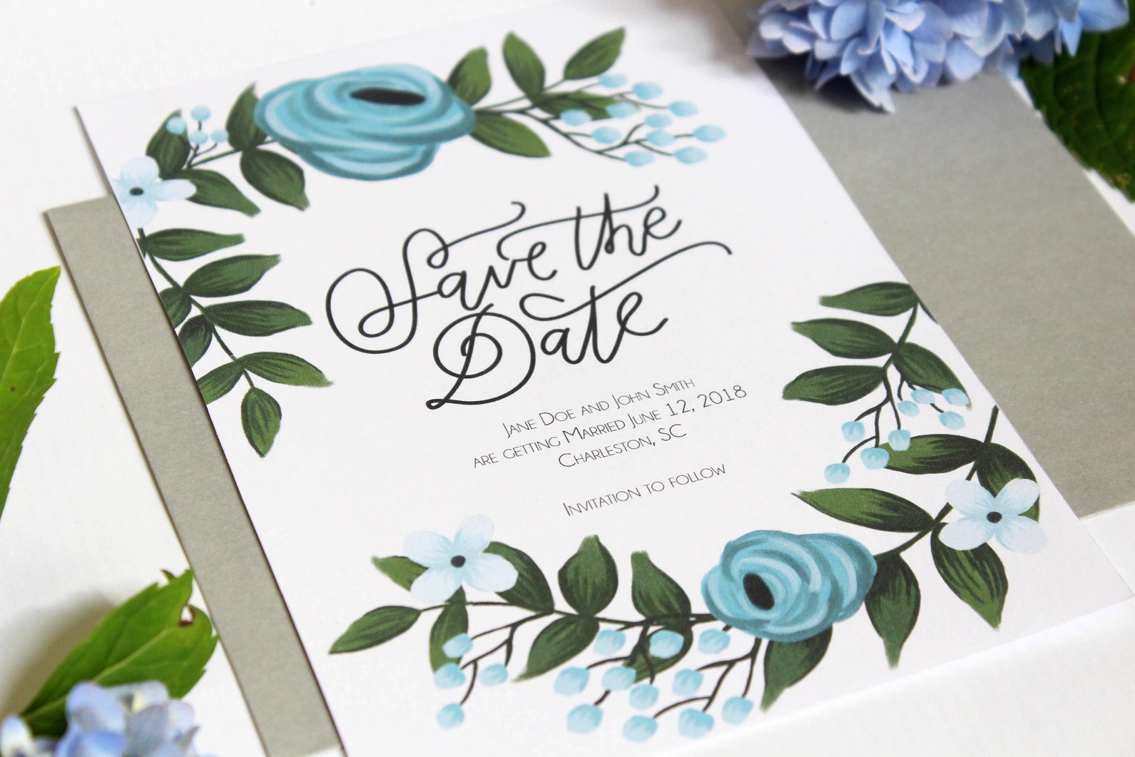 Blue Floral Save the Date, Printable Save the Date, Blue Floral Wedding ...