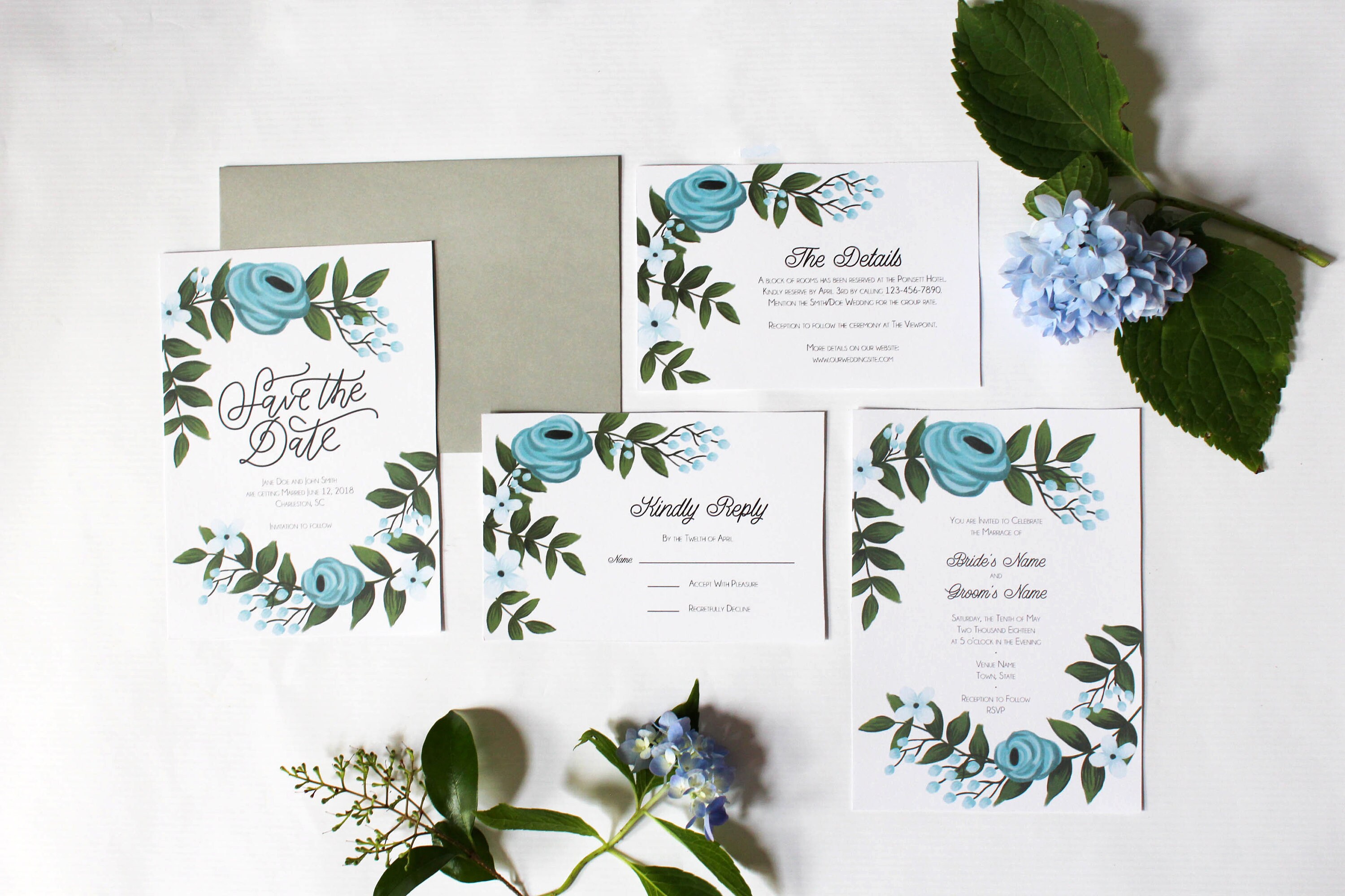 Blue Floral Wedding Invitation Suite Printable Wedding | Etsy