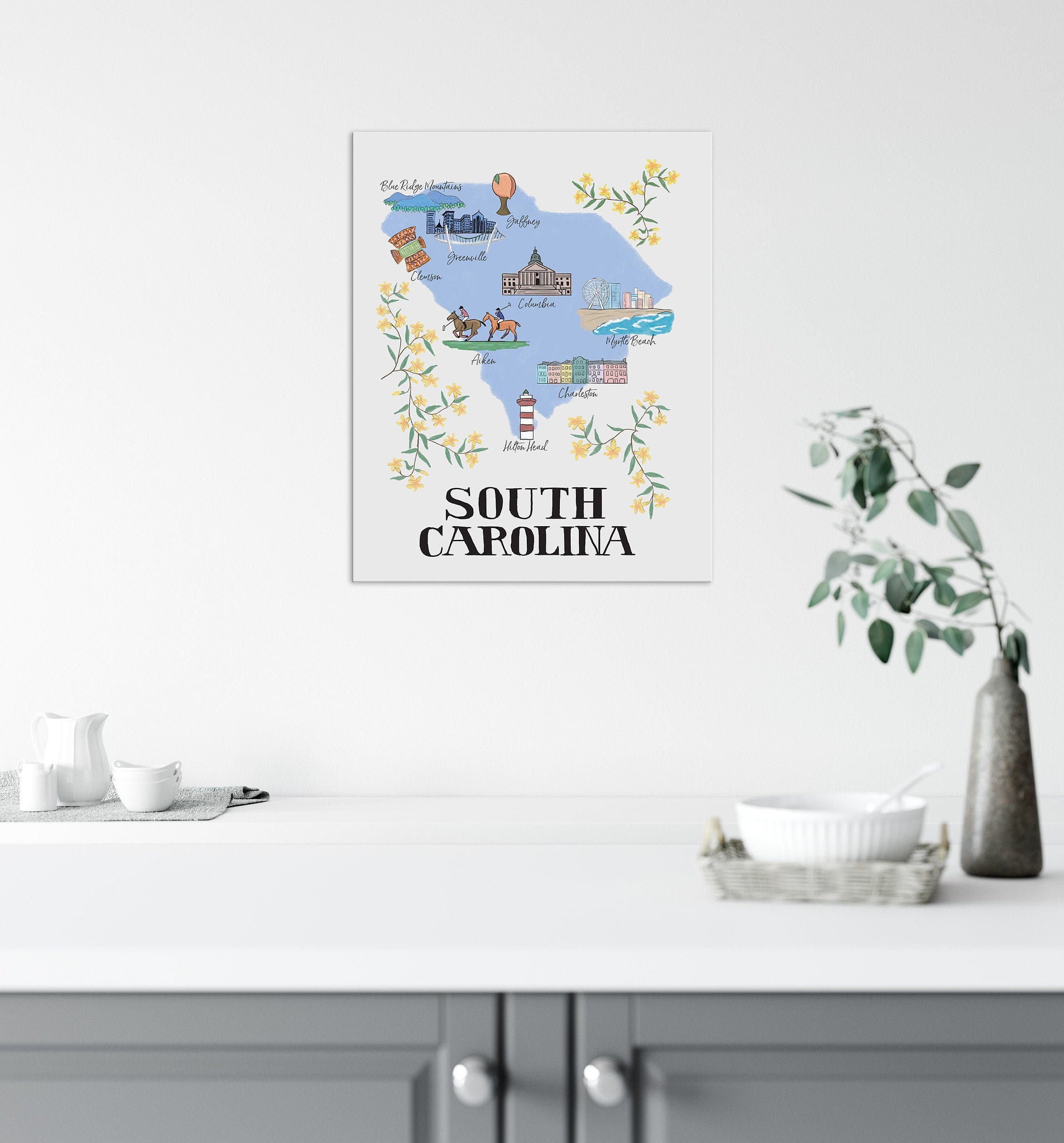 Illustrated South Carolina Map Printed Canvas - Etsy