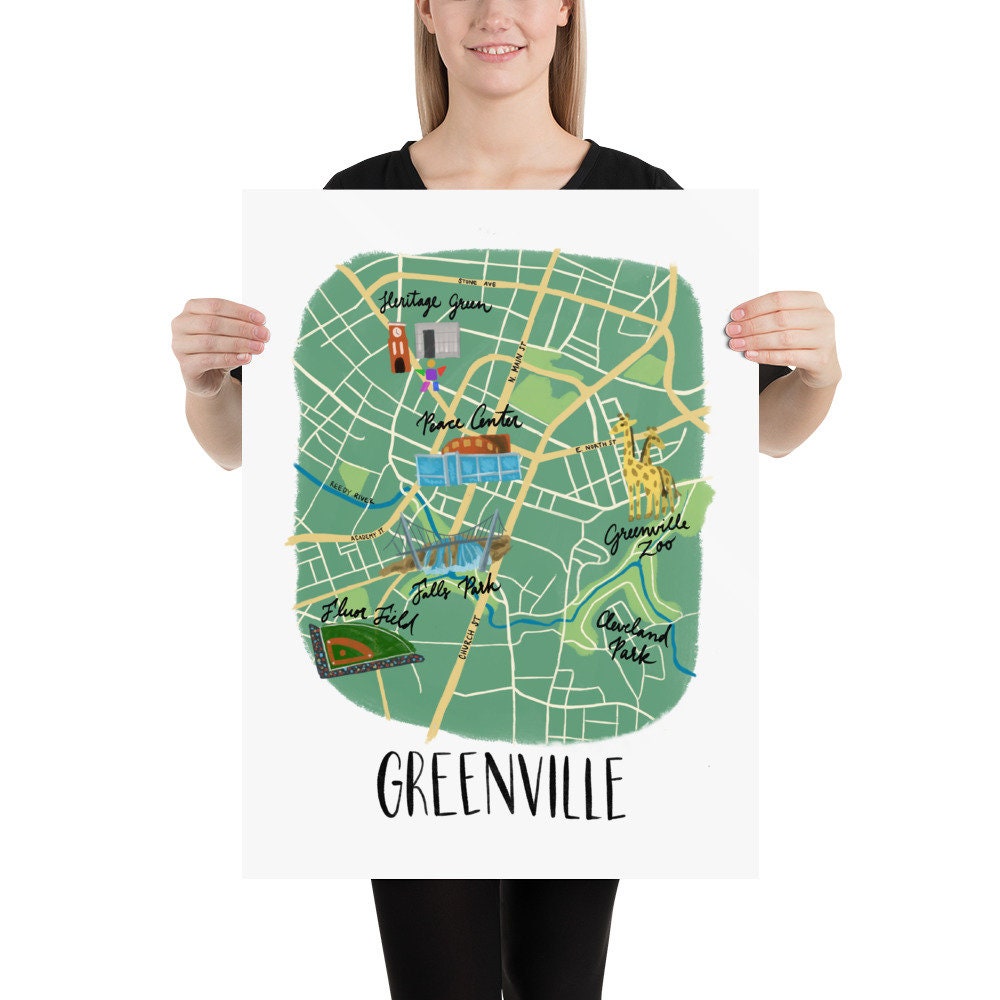 Greenville SC Illustrated Map Poster - Glossy Finish - Etsy