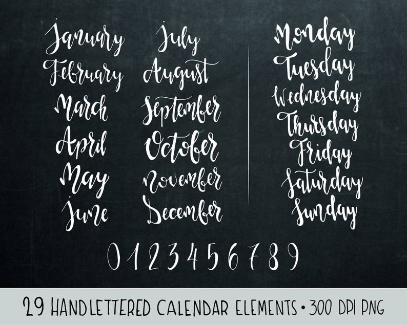Months Overlay Clipart Hand Lettered Calendar Elements - Etsy