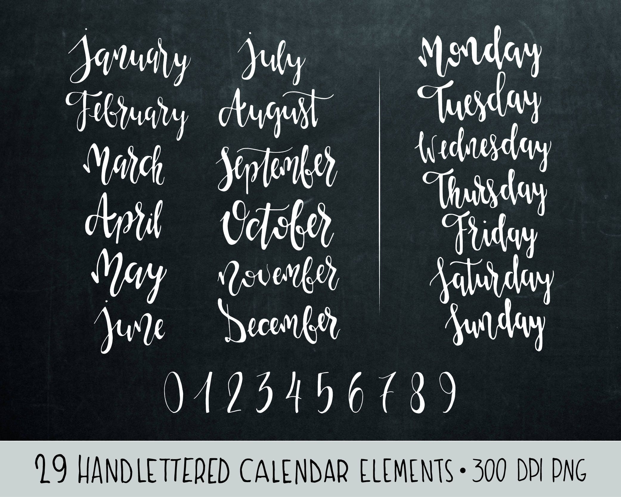 Months Overlay Clipart Hand Lettered Calendar Elements - Etsy