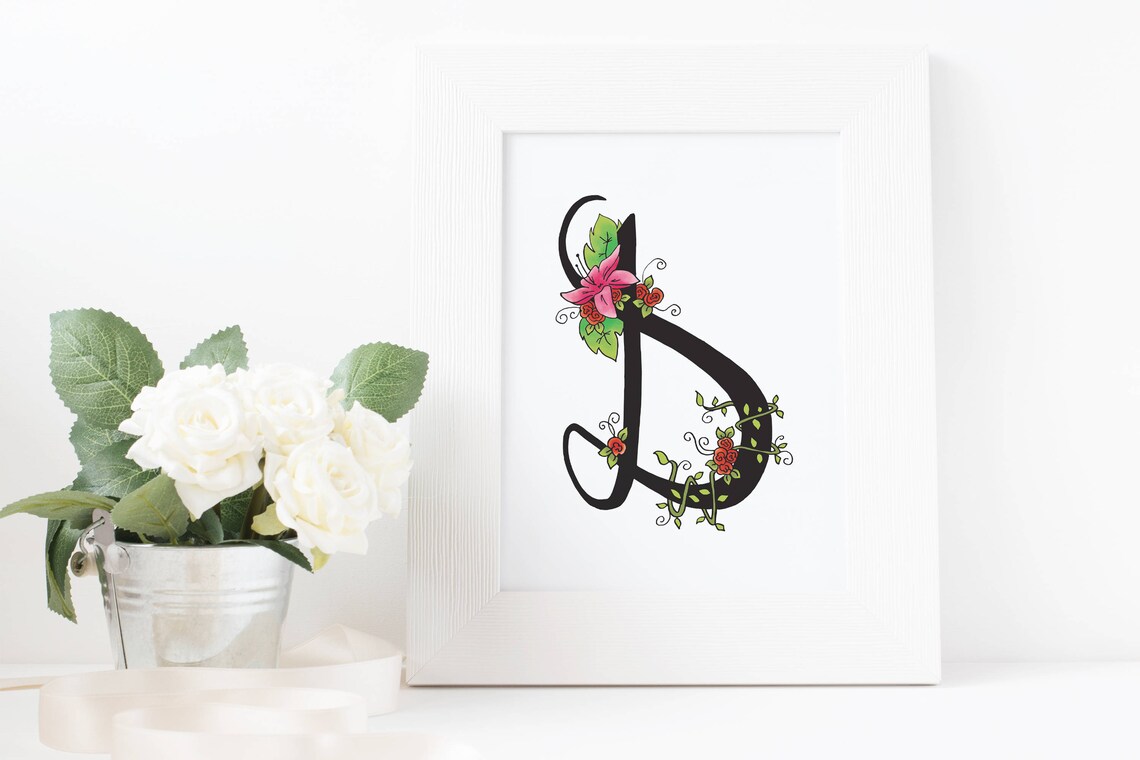 Letter D Print Floral Printable Wall Art Initial Nursery - Etsy