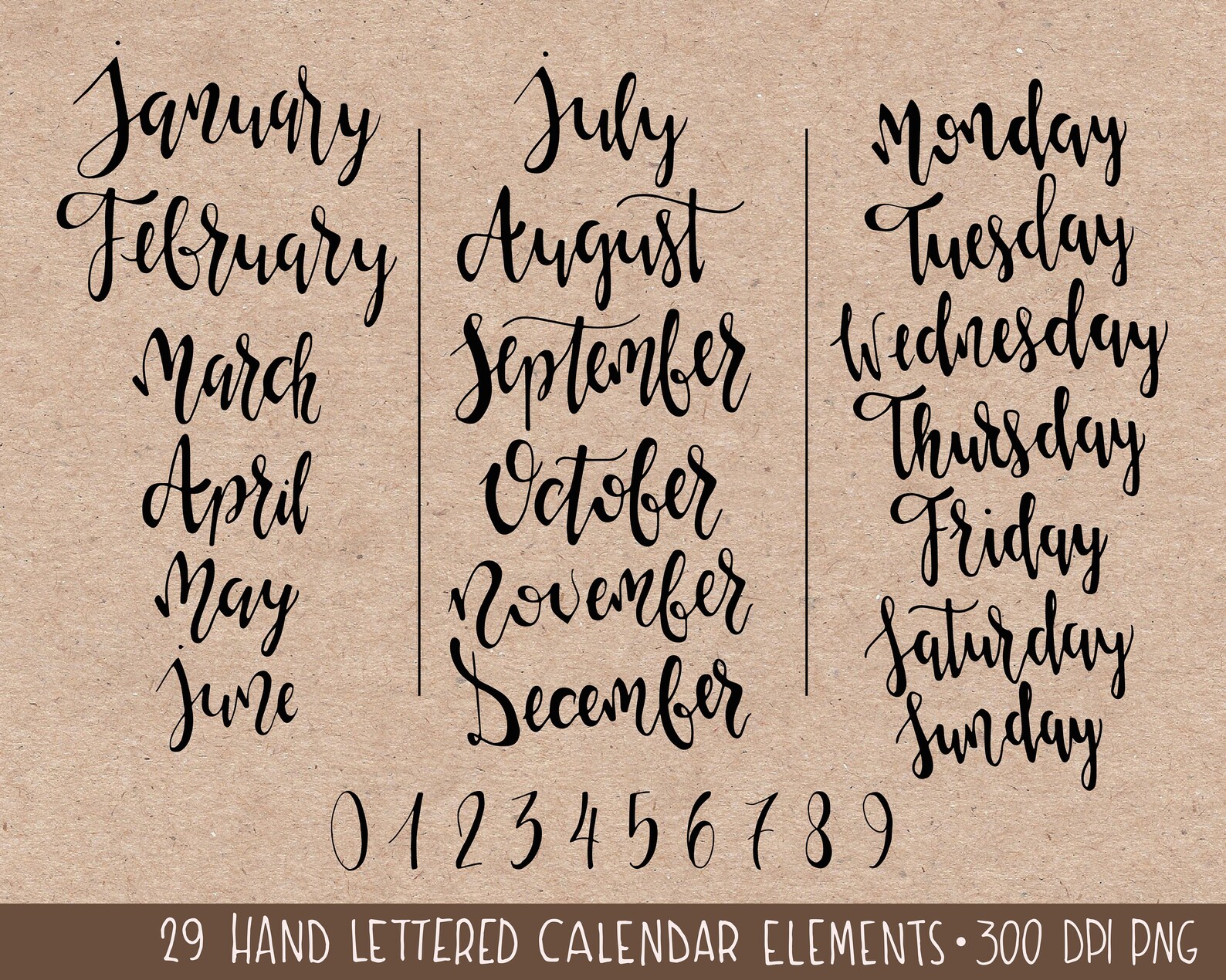Months Overlay Clipart Hand Lettered Calendar Elements | Etsy
