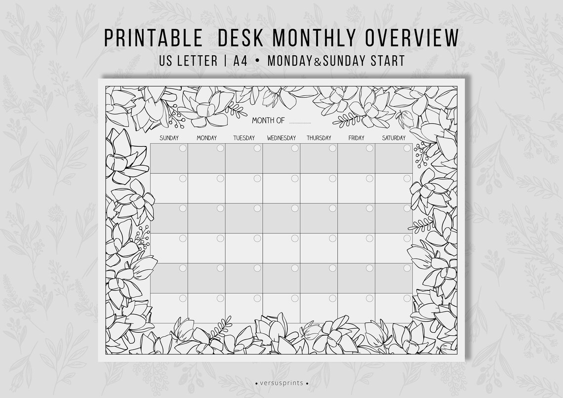 Printable Monthly View Undated Desk or Wall Calendar - Etsy
