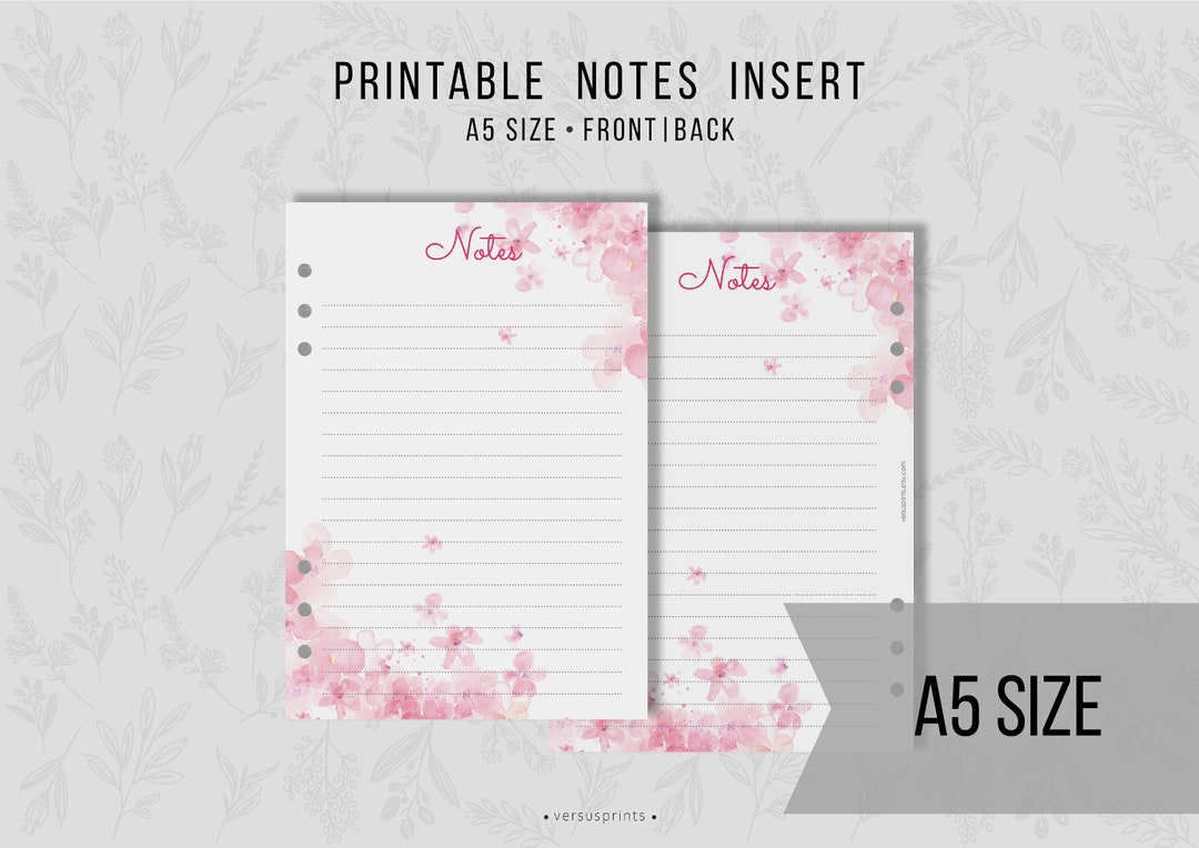 Printable Notes Insert for A5 Planners, Double Sided Floral Insert ...
