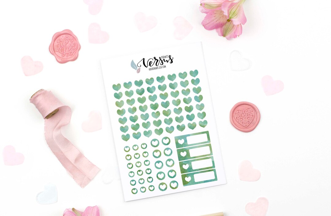 Hearts Planner Stickers, Hearts Quarter Box Stickers, Watercolor ...