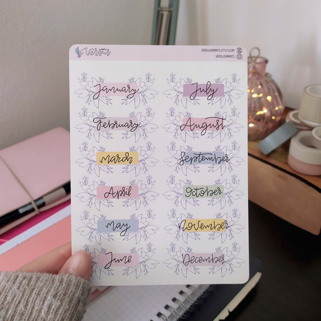 Monthly Headers Stickers, Floral Hand Drawn Planner Stickers ...