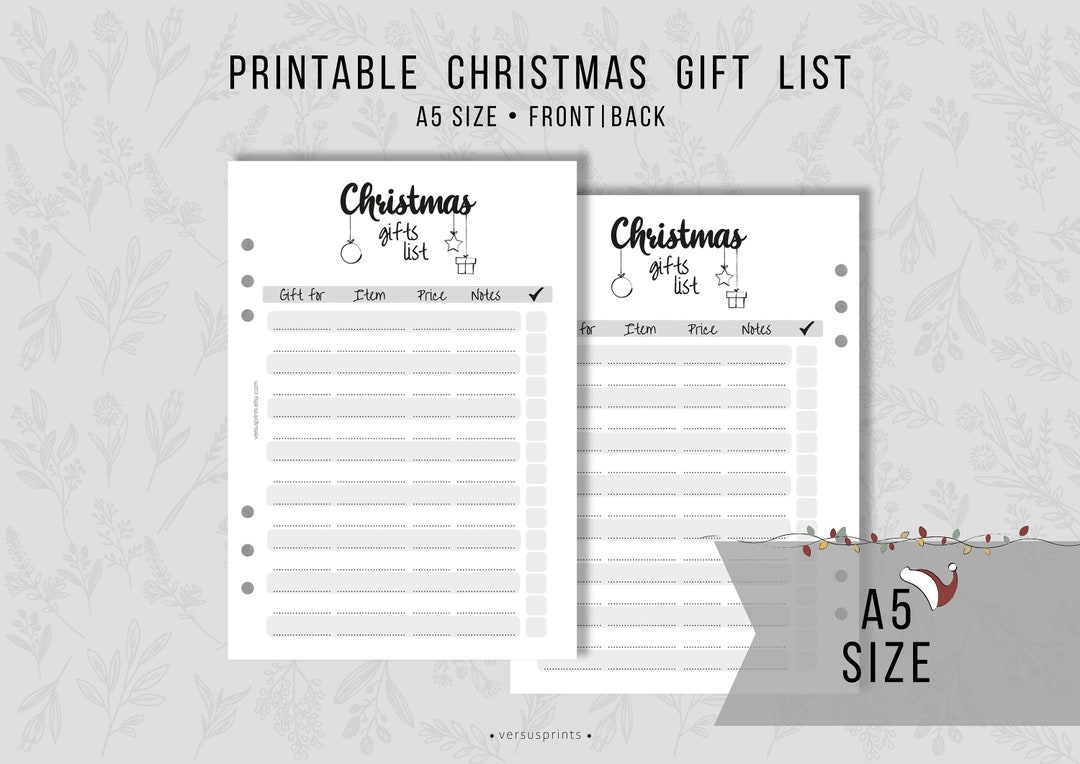 Christmas Gifts List, Printable Insert for A5 Size Planners, Gifts ...