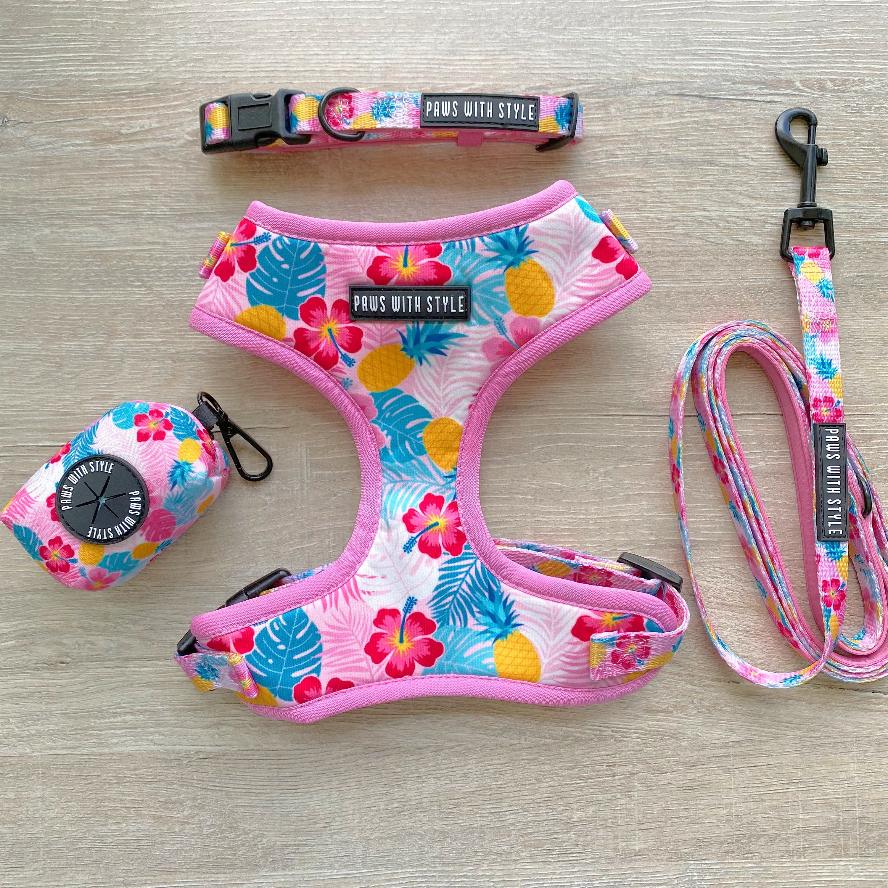 Pink Pineapple Dog Harness Set, Adjustable Neoprene Padded Collar, Lead ...