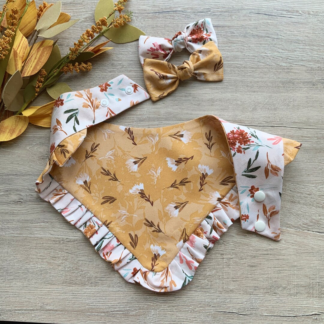 Fall Dog Bandana, Mustard Floral, Snap on Bandana, Matching Hair-bow ...