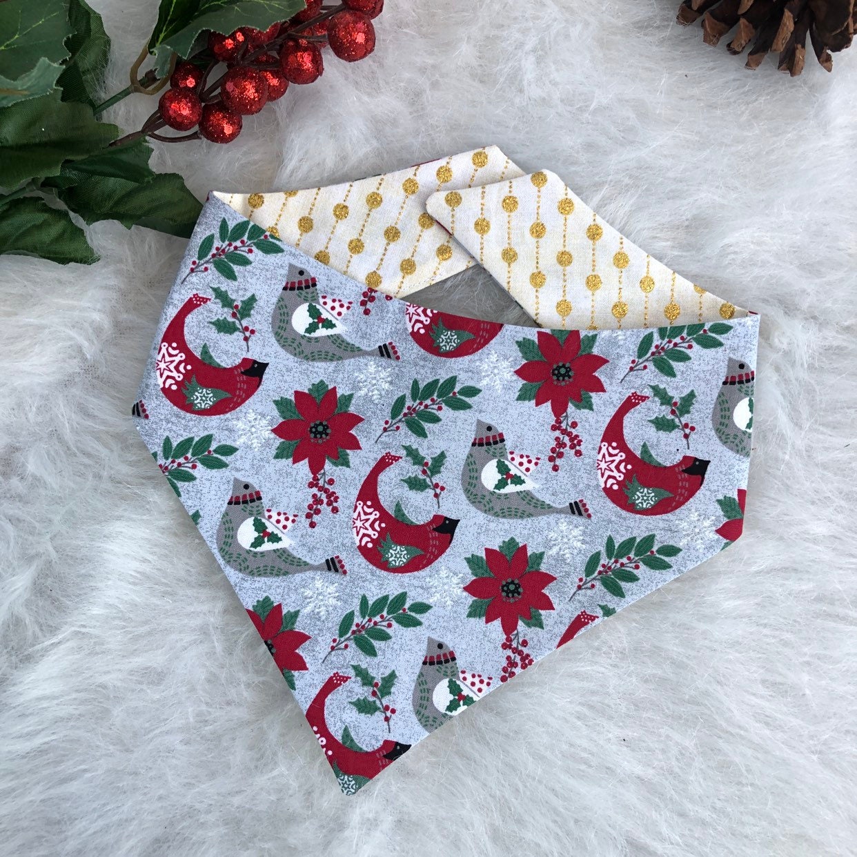 New Christmas Floral Cardinal Dog Bandana Reversible Dog | Etsy