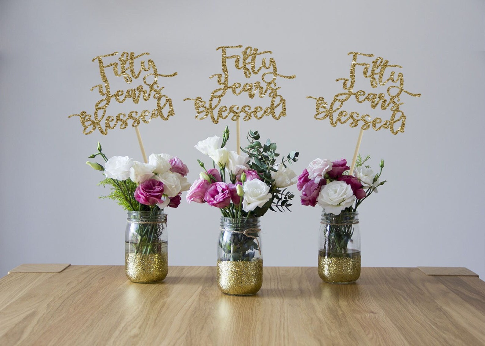 50th Birthday Centerpiece: Gold Glitter "fifty Years Blessed" Cardstock ...