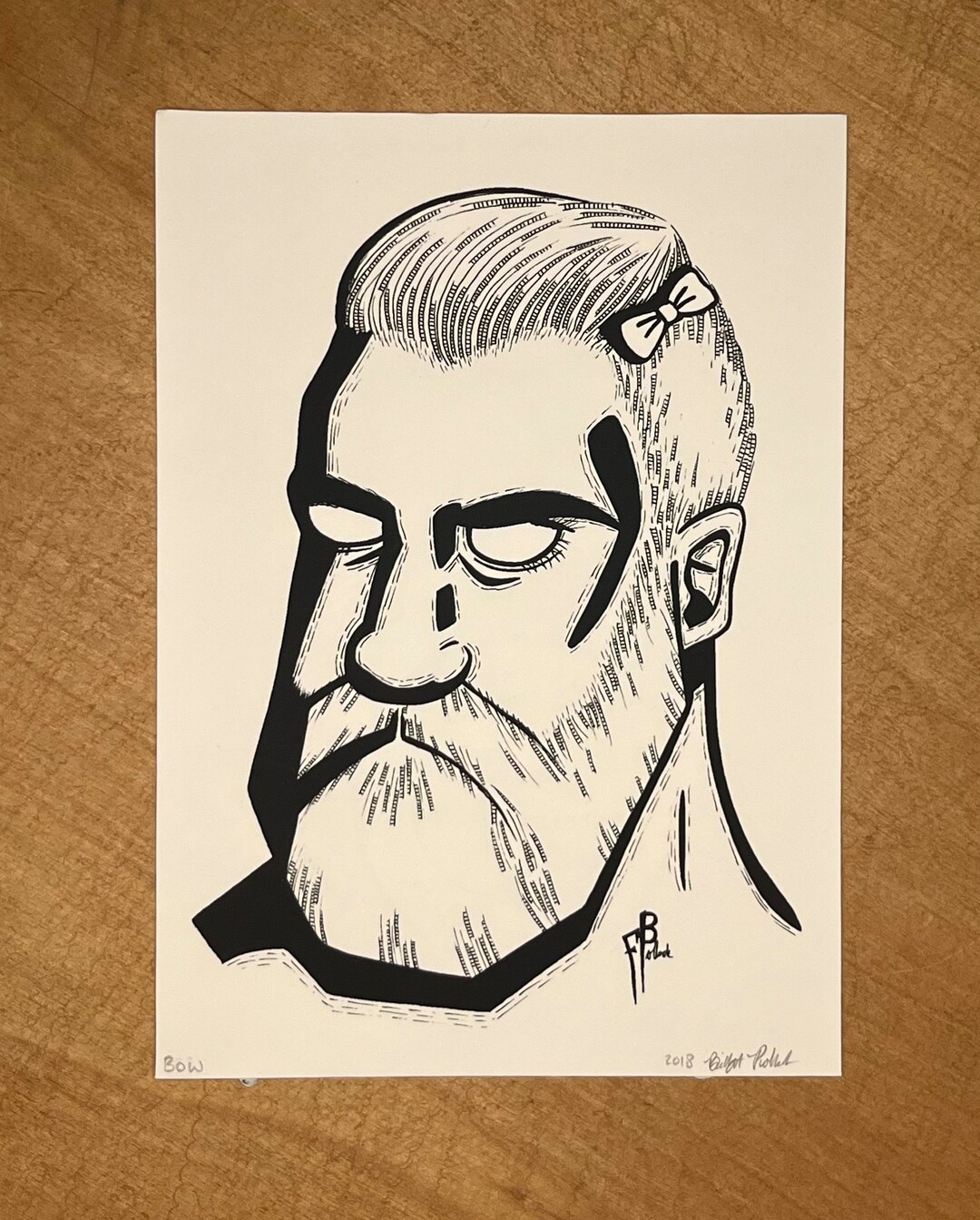 Pen and Ink Print, Pen and Ink Male Face With Bow, Signed Fine Art ...