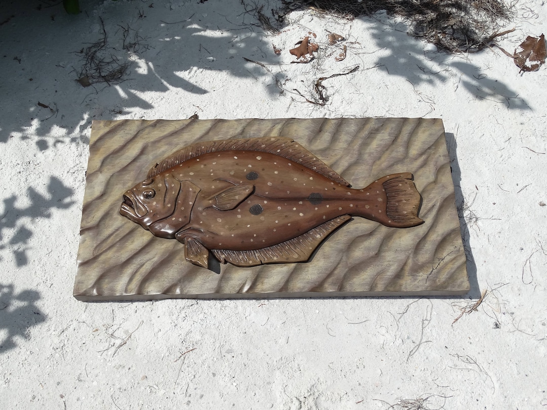 Wood Mahogany Saltwater Flounder Fish Relief Carving Sculpture Wall Art ...