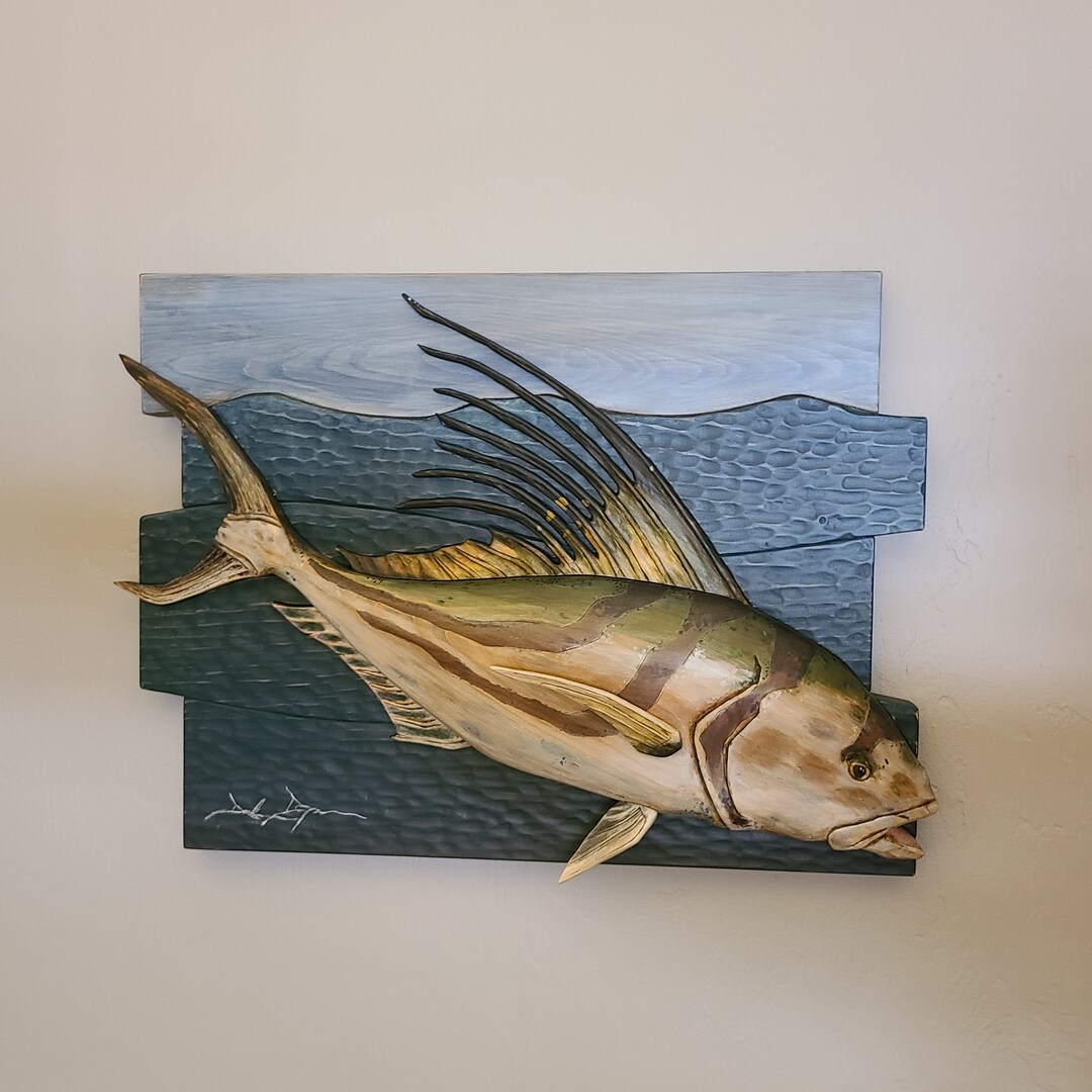 Cypress & Walnut Wood Saltwater Roosterfish Fish Mount Carving ...