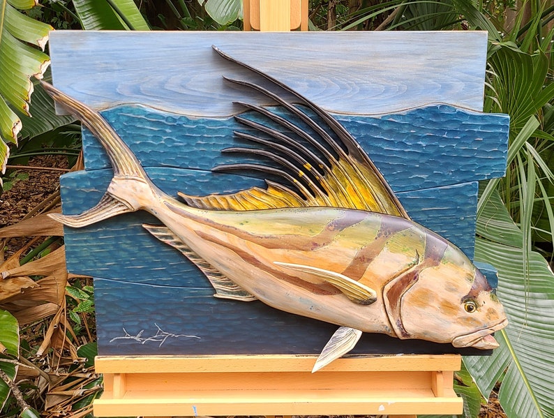 Cypress & Walnut Wood Saltwater Roosterfish Fish Mount Carving ...