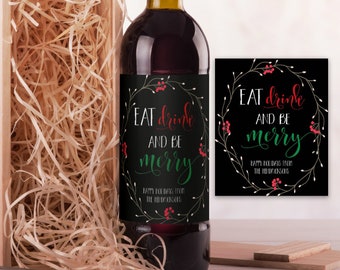 Eat Drink and Be Merry Christmas Wine Labels Holiday Chalkboard Style ...