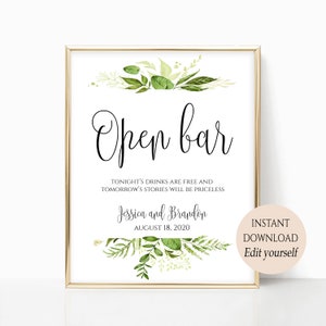 Printable Open Bar Sign Wedding Bar Sign Template Wedding - Etsy