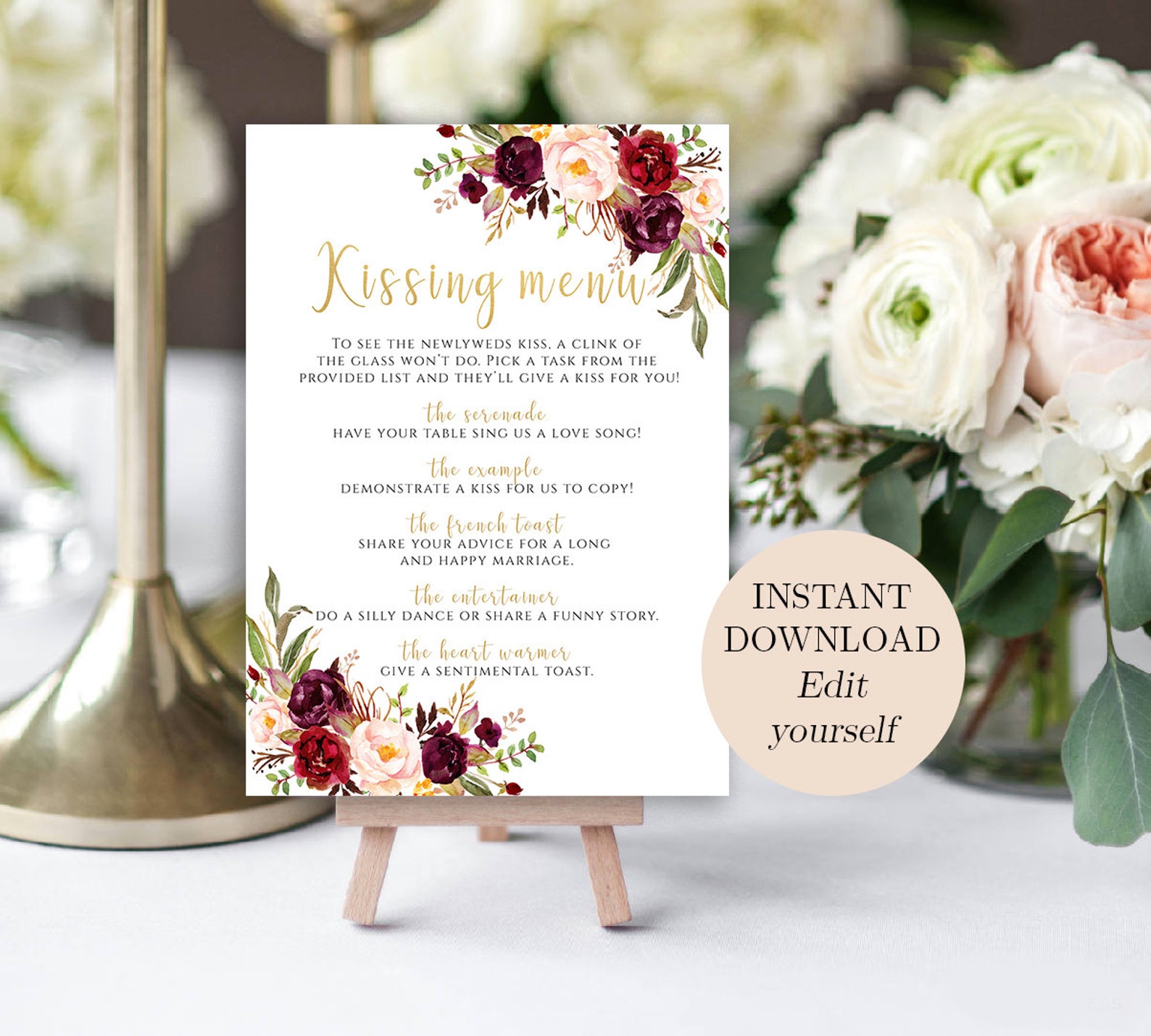 Printable Kissing Menu Printable Wedding Kissing Menu - Etsy