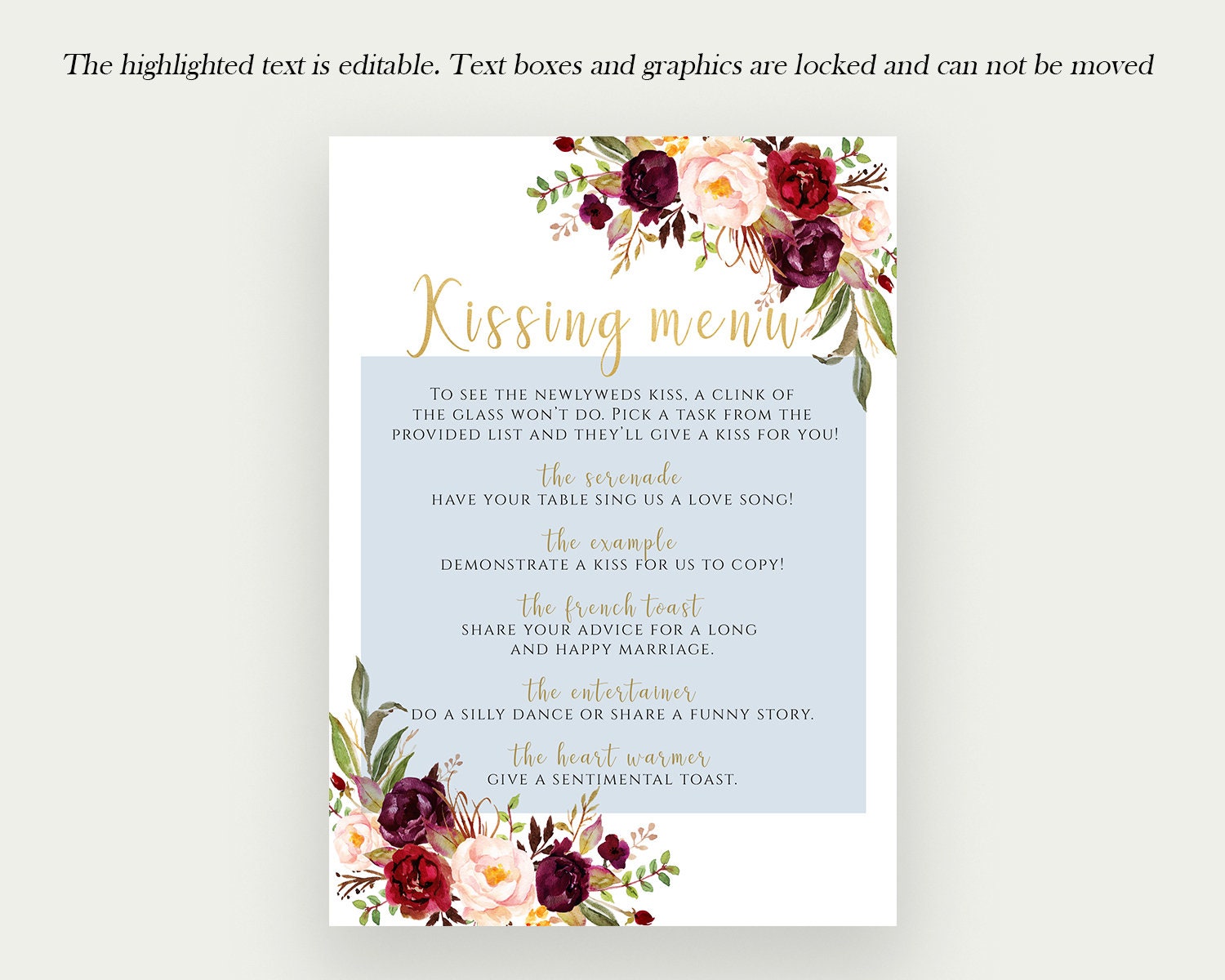 Printable Kissing Menu Printable Wedding Kissing Menu - Etsy