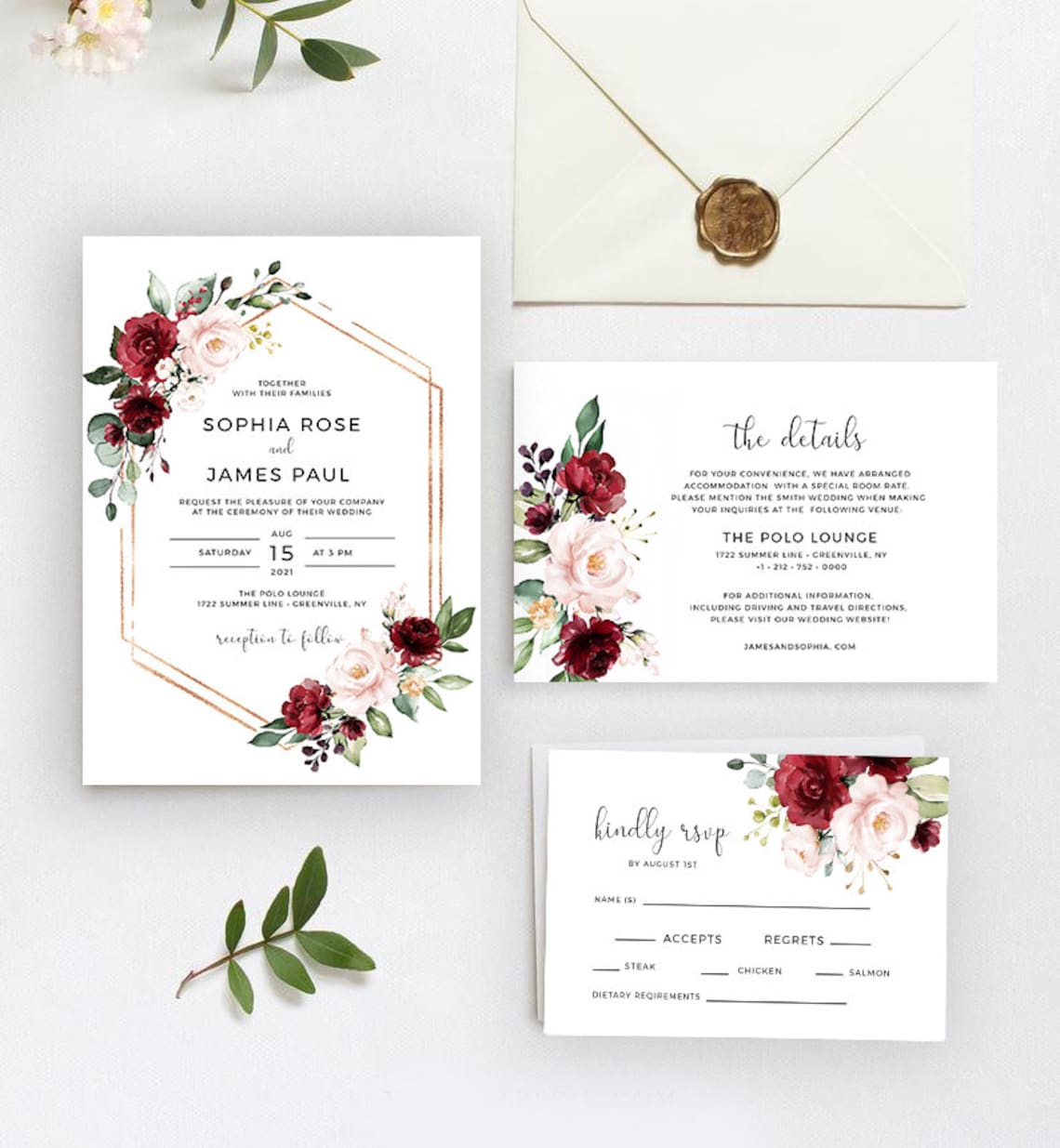 Wedding Invitation Template Red Floral Instant Download | Etsy