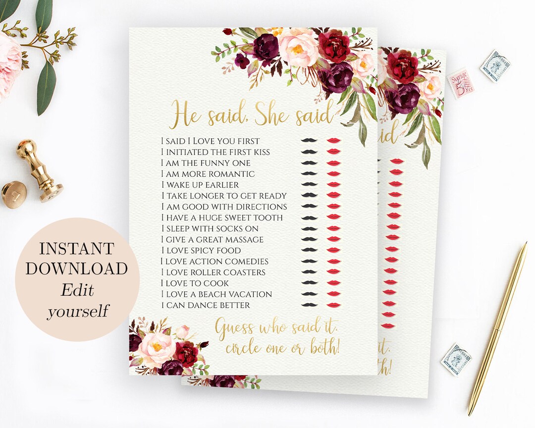 He Said She Said Game Template Editable Bridal Cards - Etsy