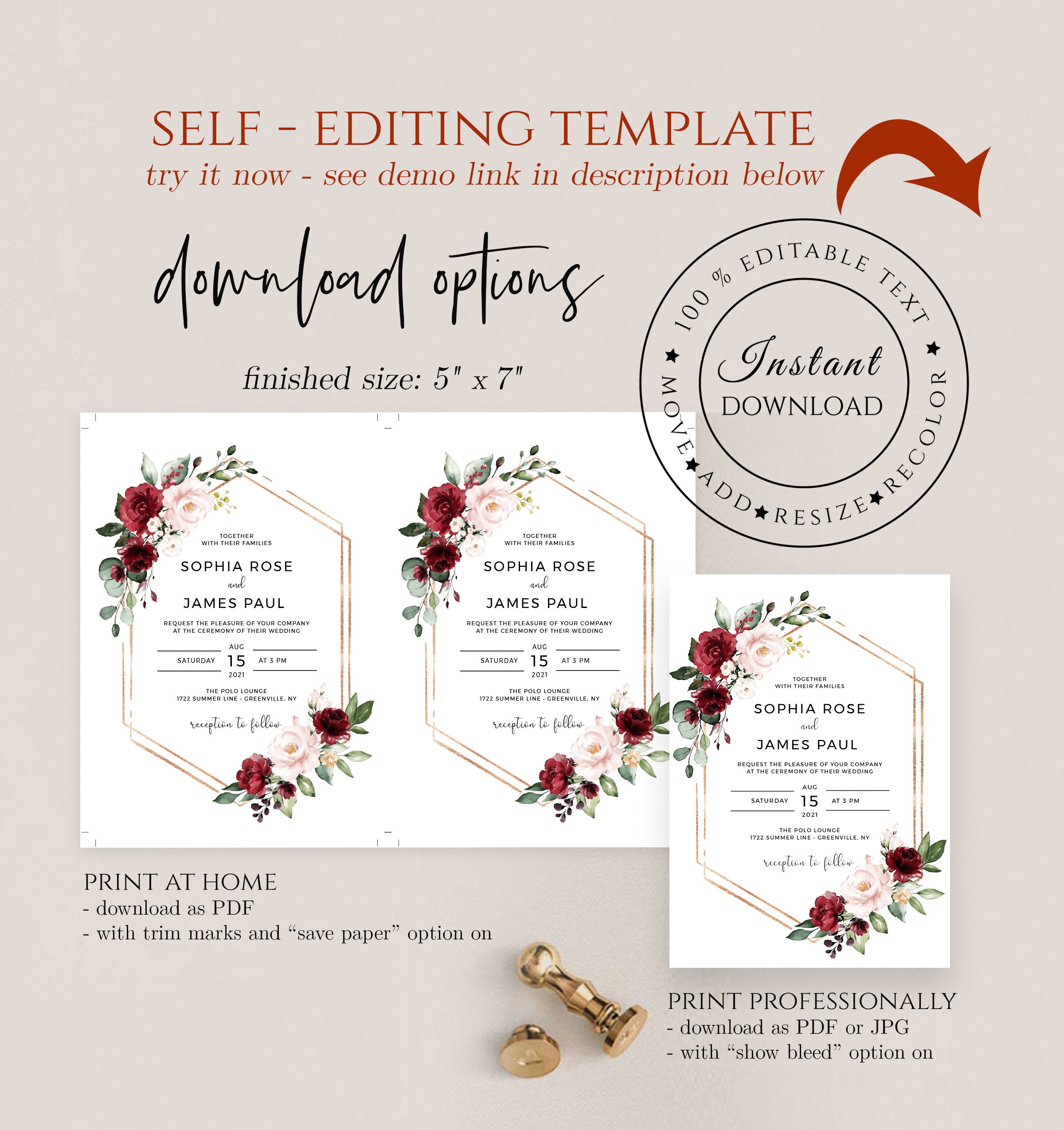 Wedding Invitation Template Red Floral Instant Download - Etsy