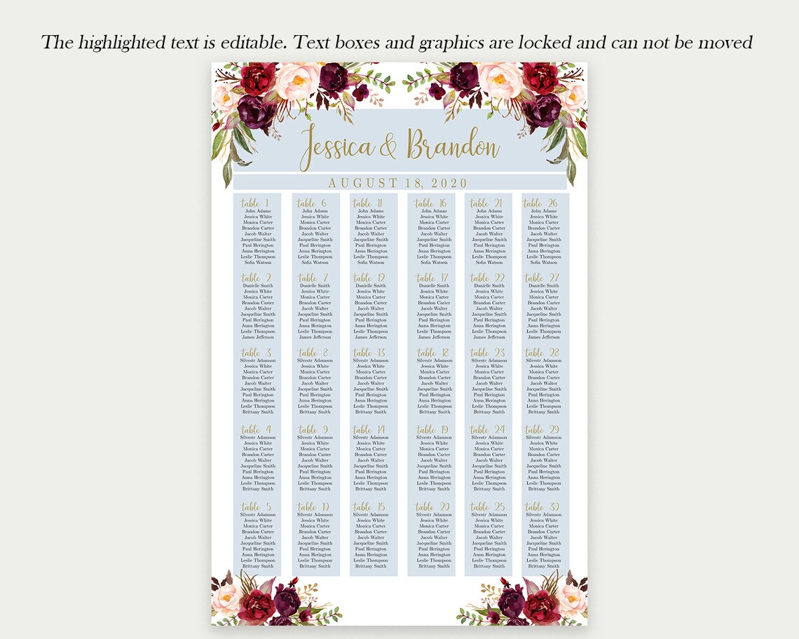 Wedding Seating Chart Template Editable Wedding Table Seating | Etsy