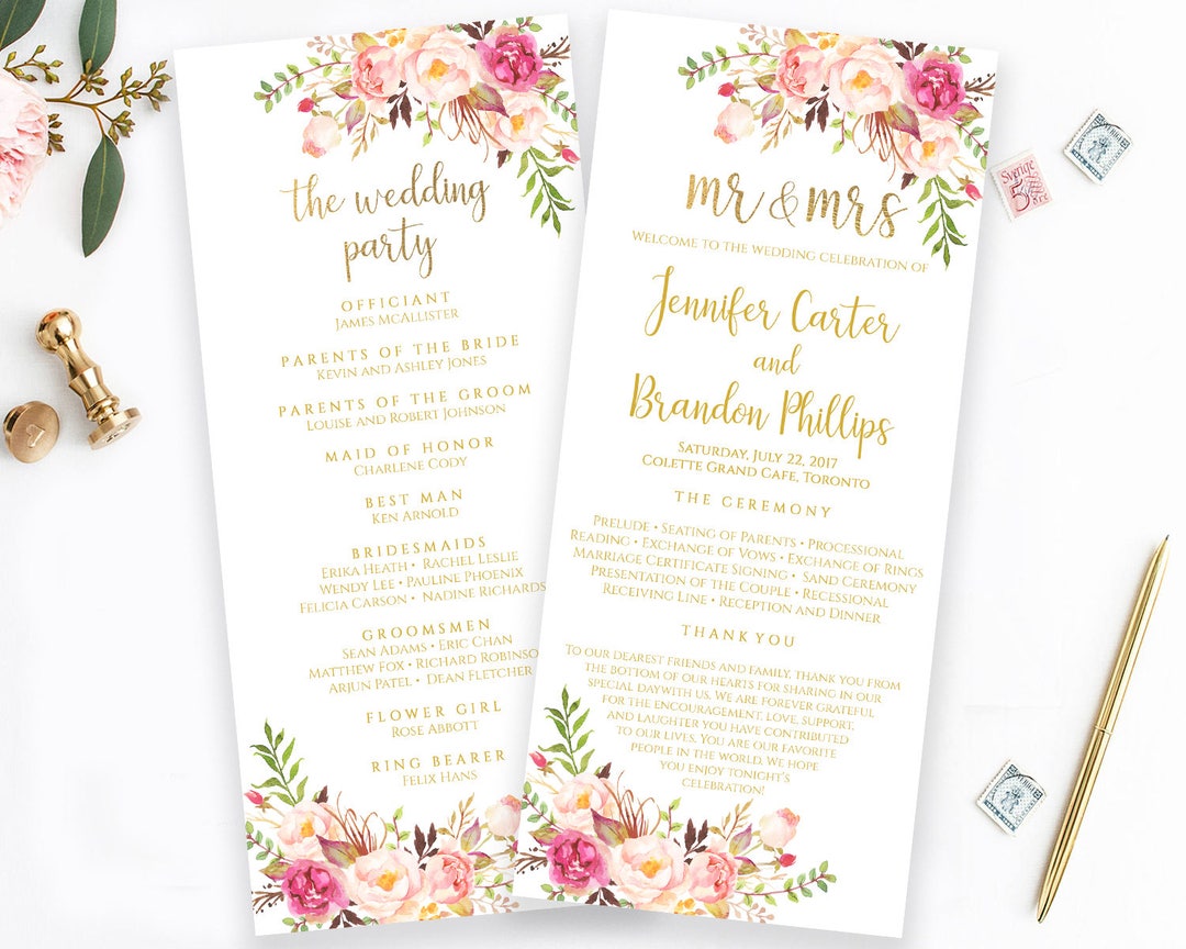 Floral Wedding Program Template Mr & Mrs Ceremony Program Order of ...