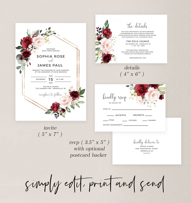 Wedding Invitation Template Red Floral Instant Download | Etsy