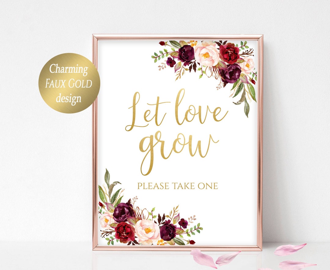 Let Love Grow Sign Printable Wedding Favor Sign Nature Leaves Wreath ...
